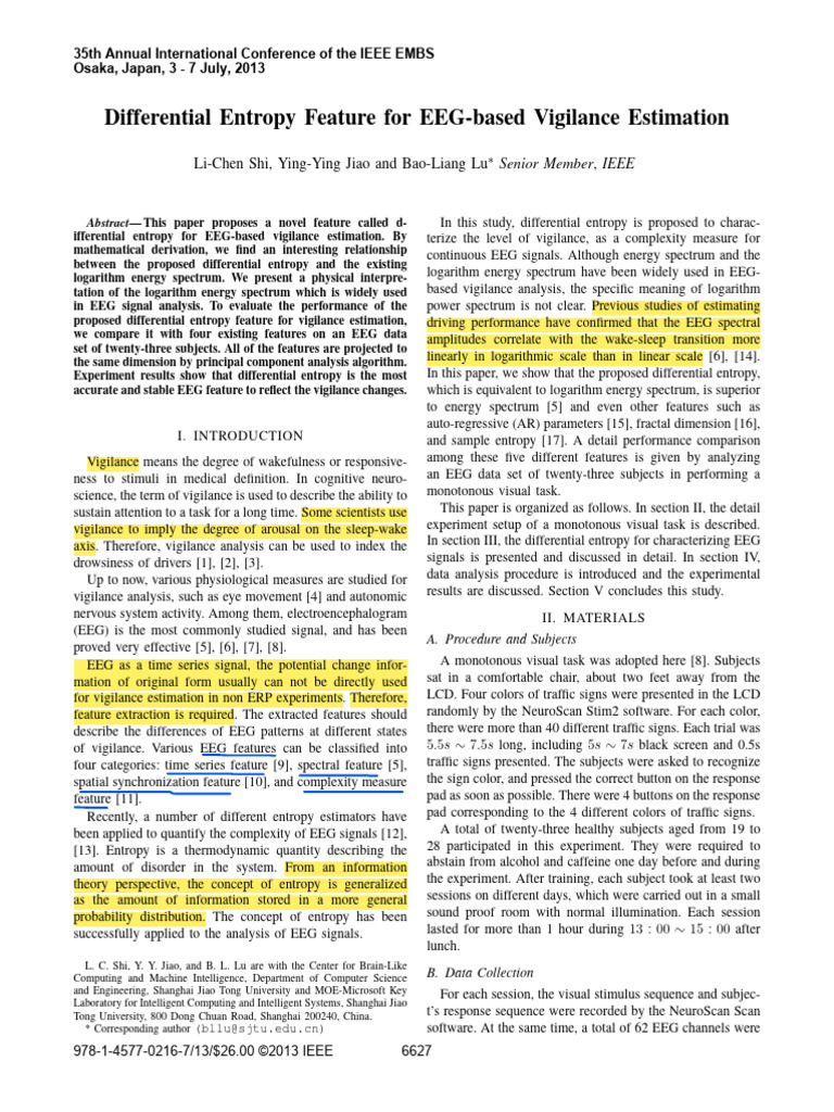 Differential Entropy Feature For EEG-based Vigilance Estimation | PDF
