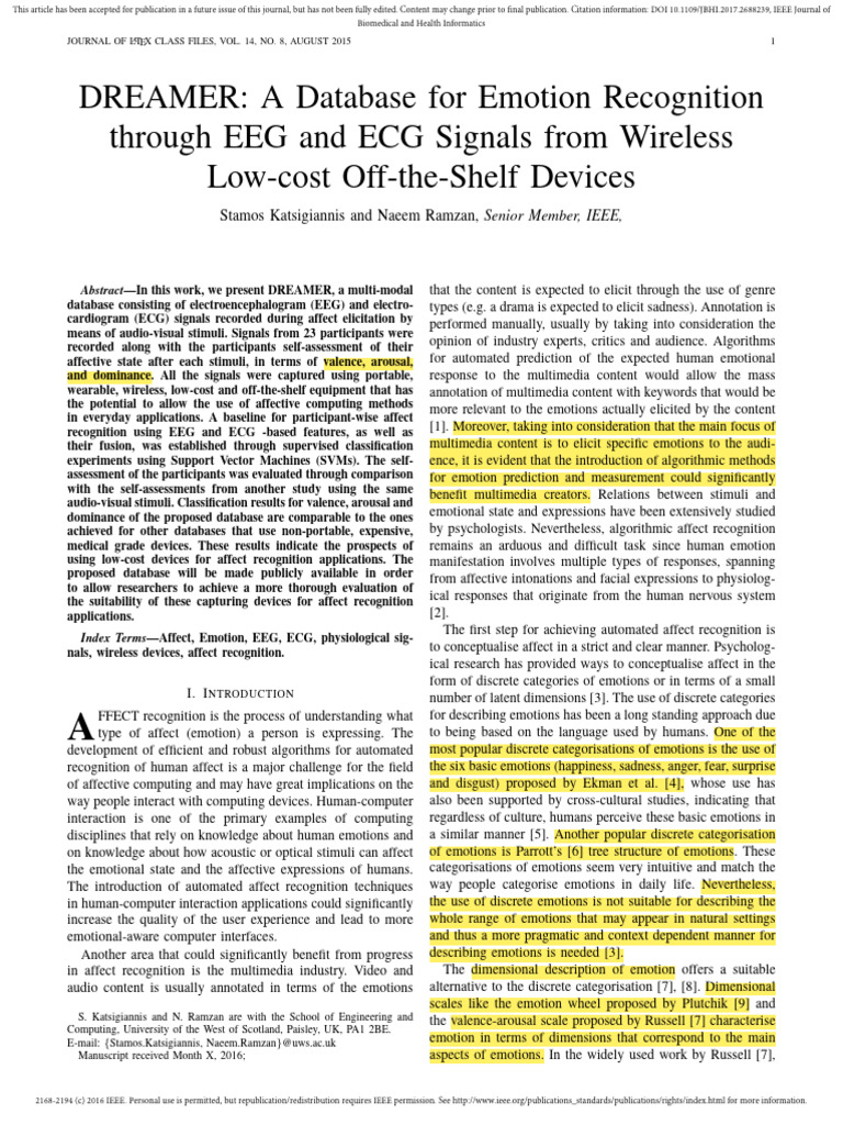 DREAMER - A Database For Emotion Recognition | PDF