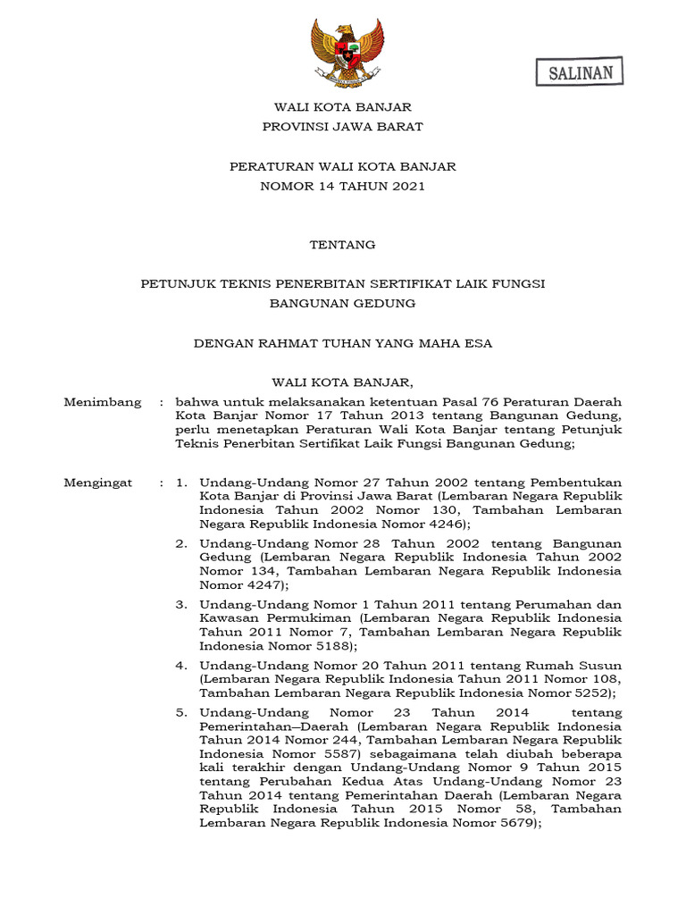 Perwal Nomor 14 Tahun 2021 Sertifikat Laik Fungsi | PDF