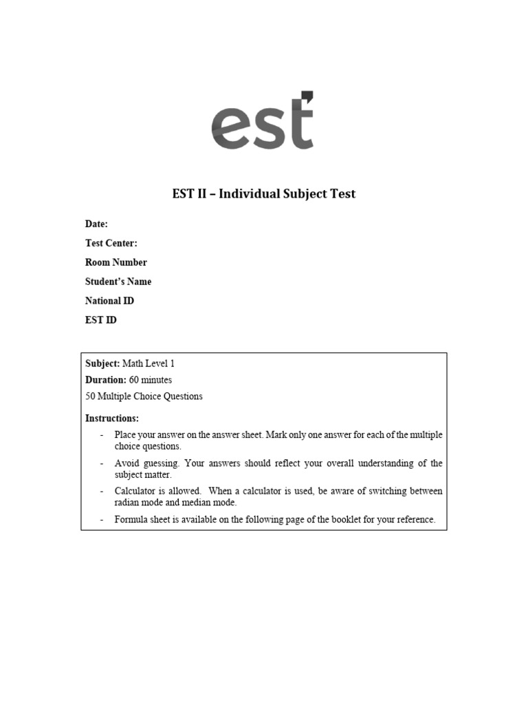 EST 2 Math Level 1 - Test Sample | PDF