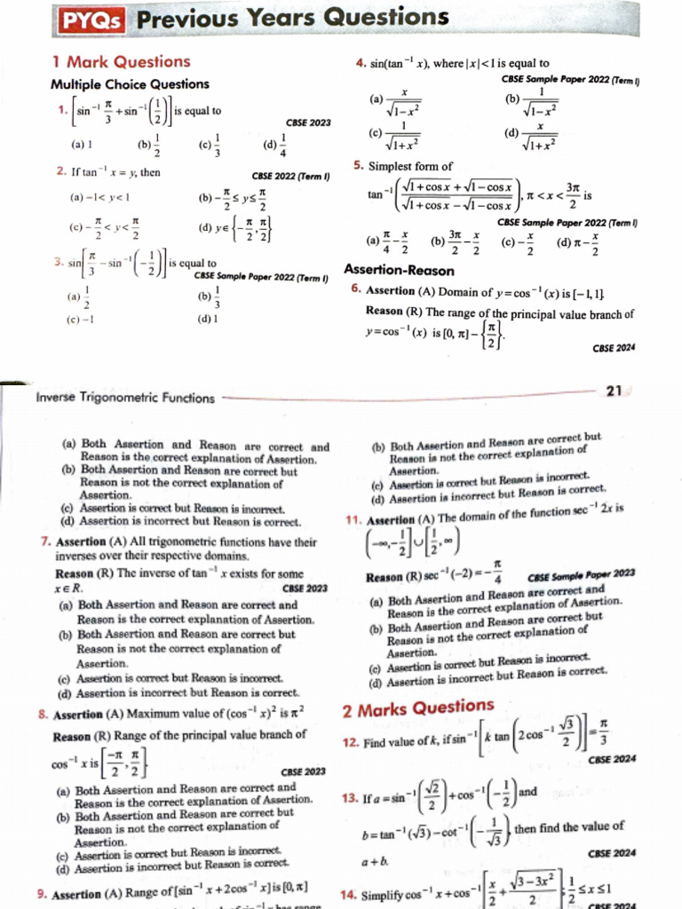 CBSE - Grade 12 Inverse Trigonometric Functions PYQs | PDF