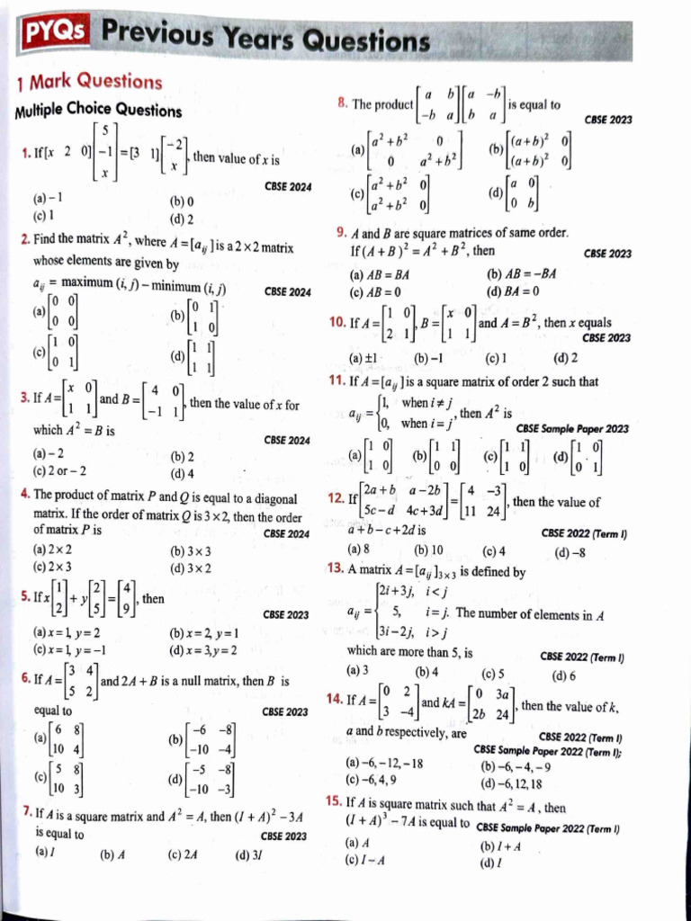 PYQs - Matrices | PDF
