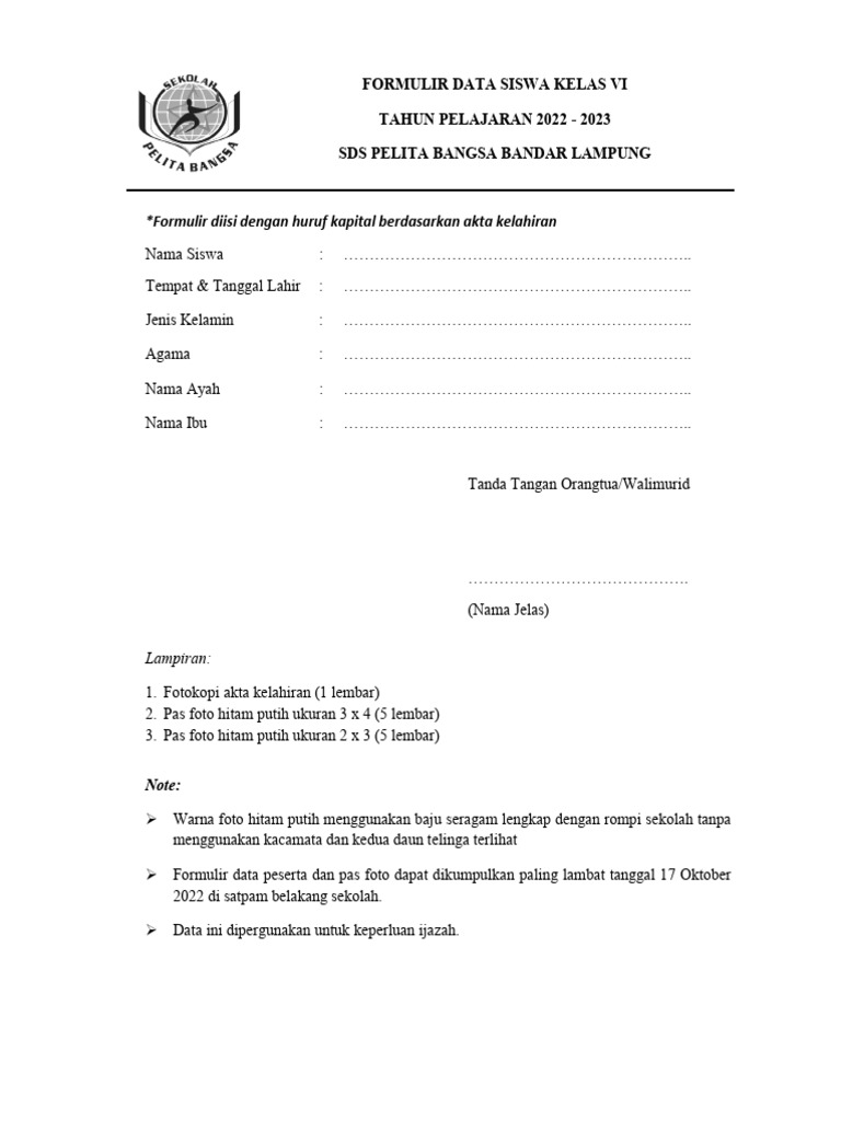 Formulir Data Siswa Kelas 6 | PDF