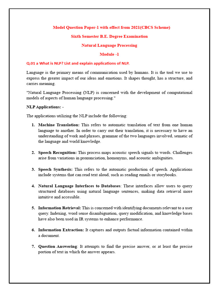NLP Model Question Paper Soln-1 | PDF