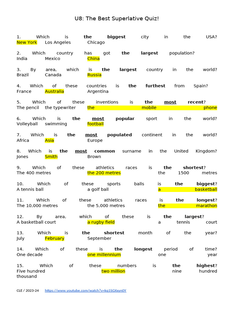 ESL Young Learners - The Best Superlative Quiz TEACHER | PDF | Sports