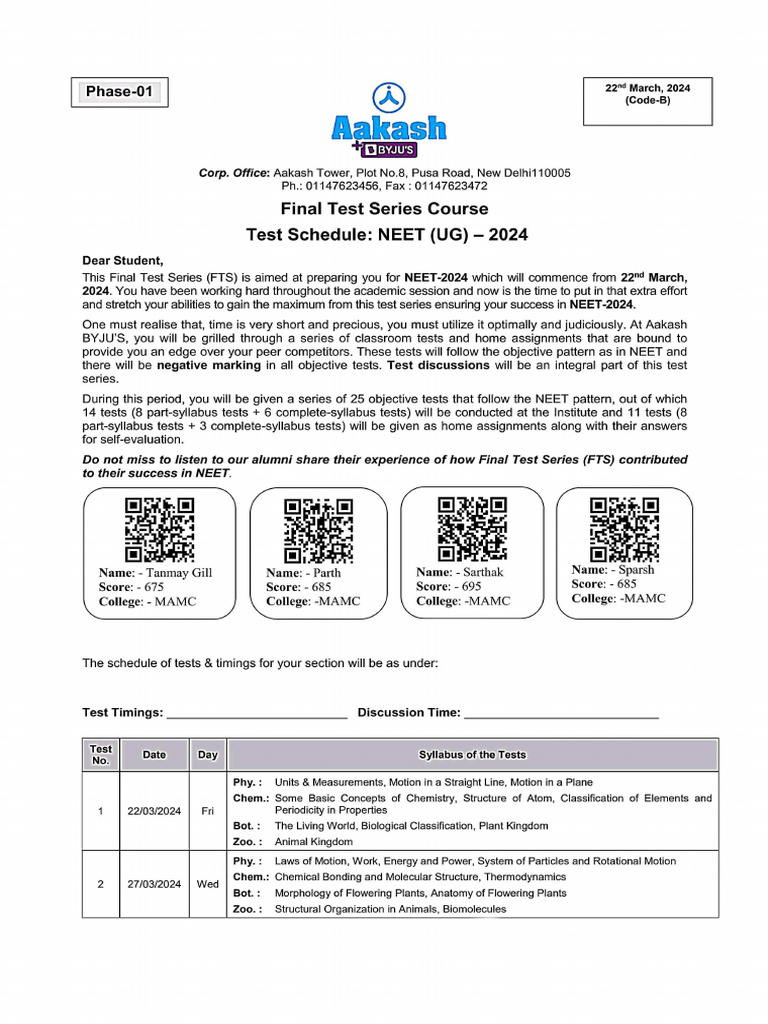 Aakash FTS 2024 Schedule | PDF
