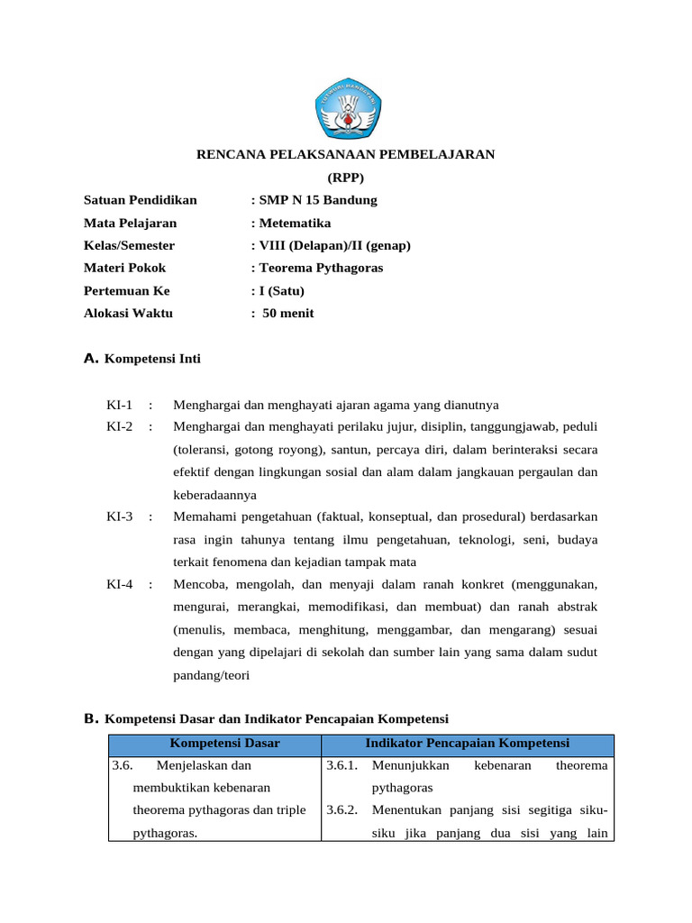 KD 3.6 - RPP - Kelas Vii - SMT 2 - Pytagoras - Pert 1 | PDF