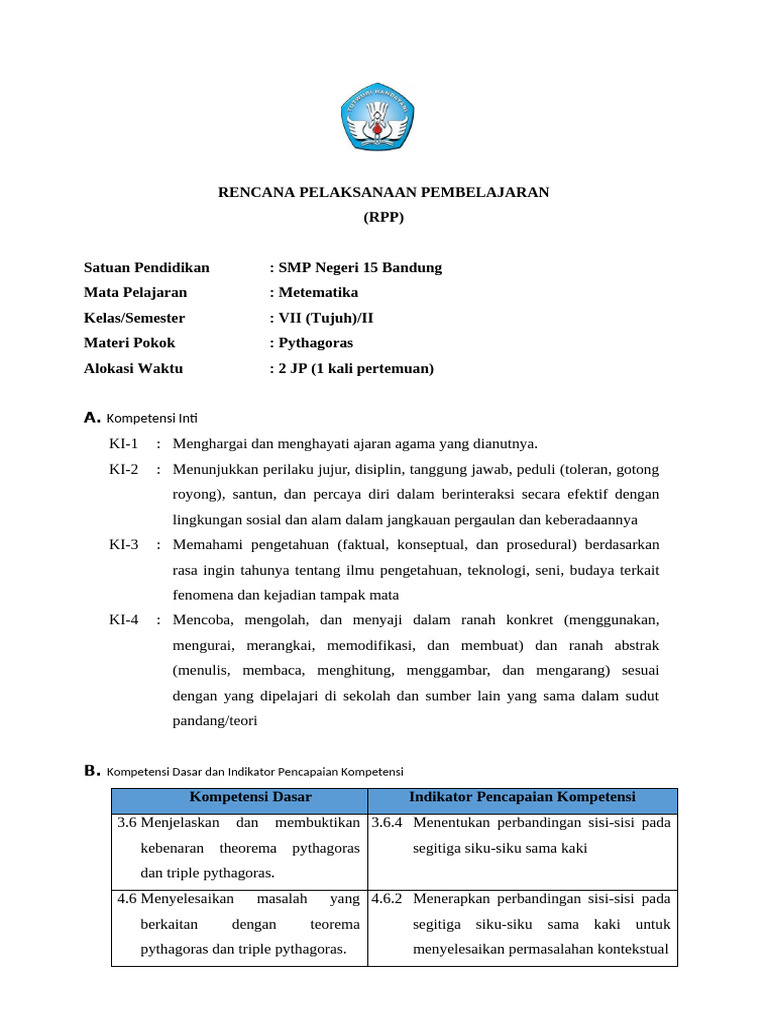 KD 3.6 - RPP - Kelas Vii - SMT 2 - Pytagoras - Pert 3 | PDF