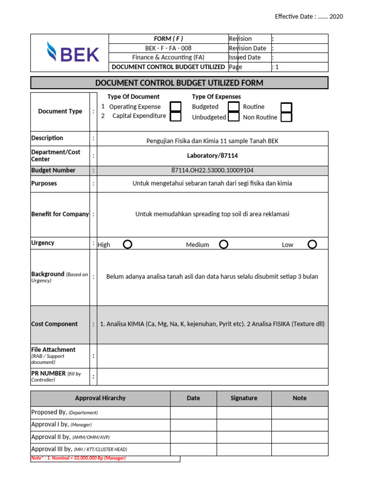 BEK - Document Control Budget Utilized Form - 11 Sample Soil | PDF
