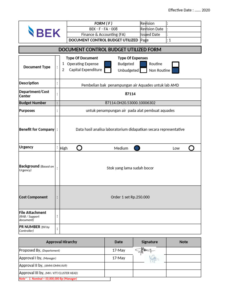 BEK - Document Control Budget Utilized Form Tempat Aquades | PDF