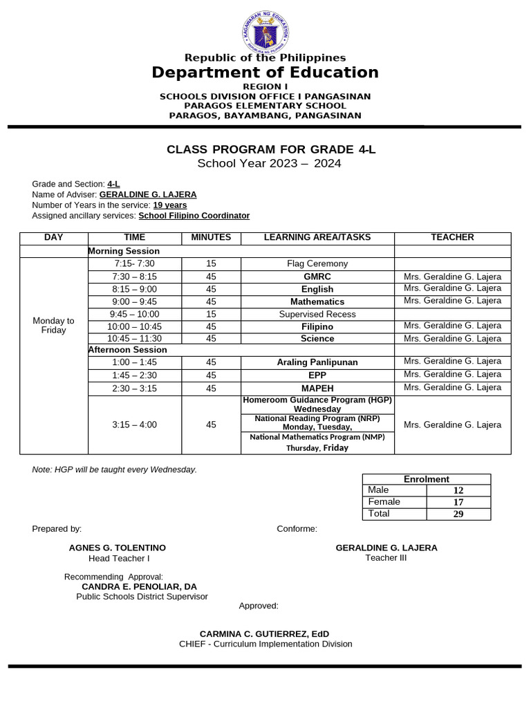 Class Program Sy 2024 2025 Amparo Geraldine 1 | PDF
