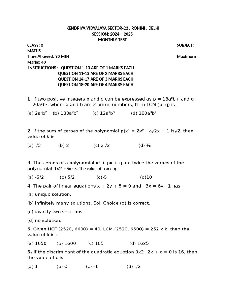 PT1 Class X Maths | PDF