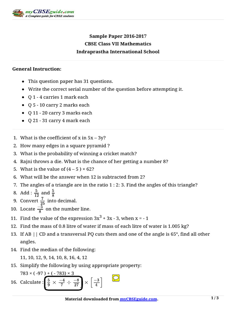 7 Maths Sample Papers-1 | PDF
