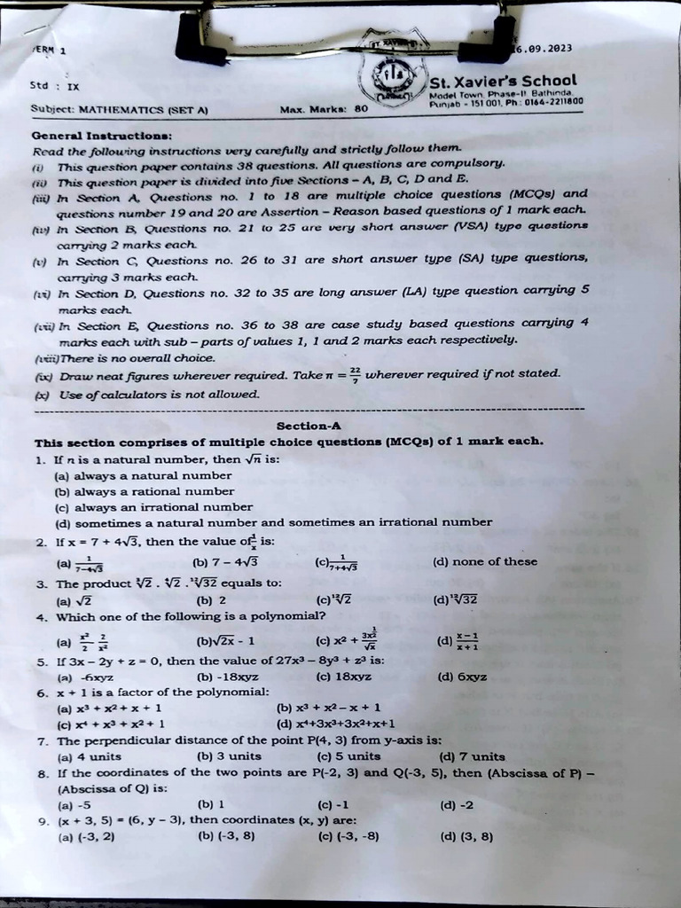 Xavier's Set-A Question Paper | PDF | Area | Rational Number