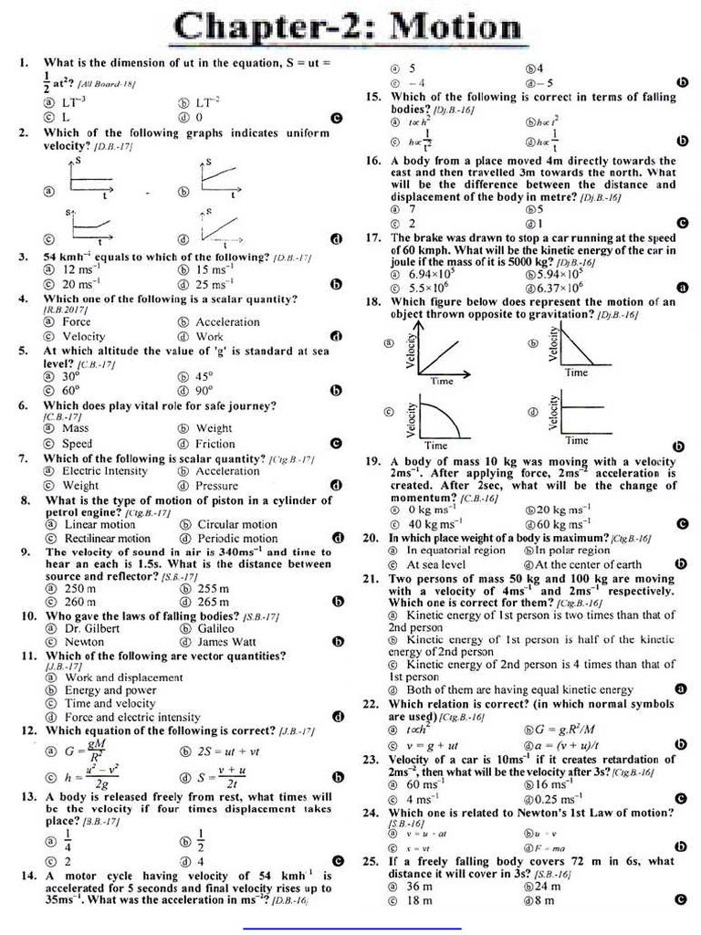 SSC EV Physics MCQ Question Ans. Motion | PDF