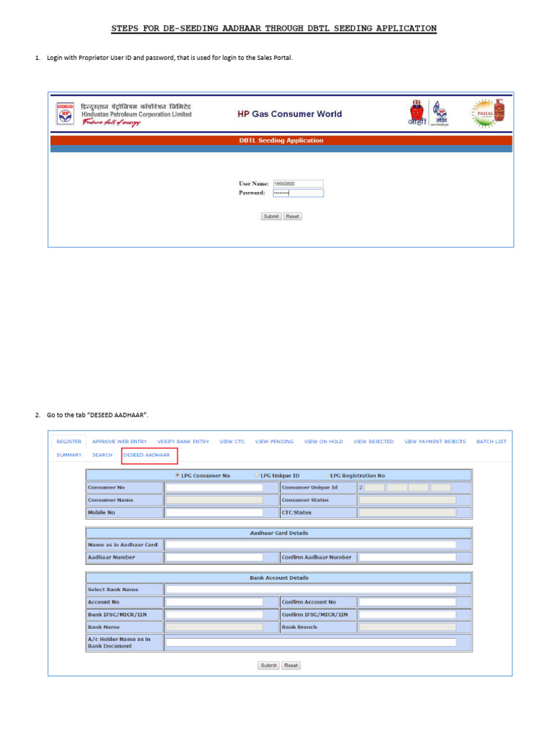 Steps For Deseeding Aadhaar | PDF