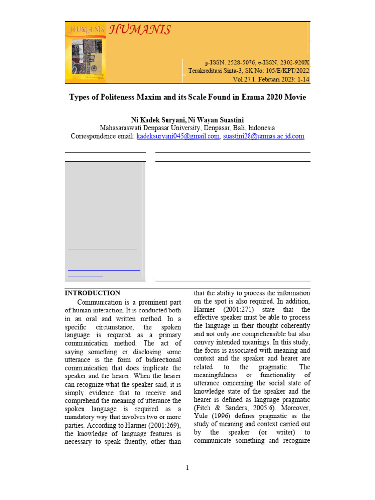 Types of Politeness Maxim and Its Scale Found in E | PDF | Emma (Novel ...