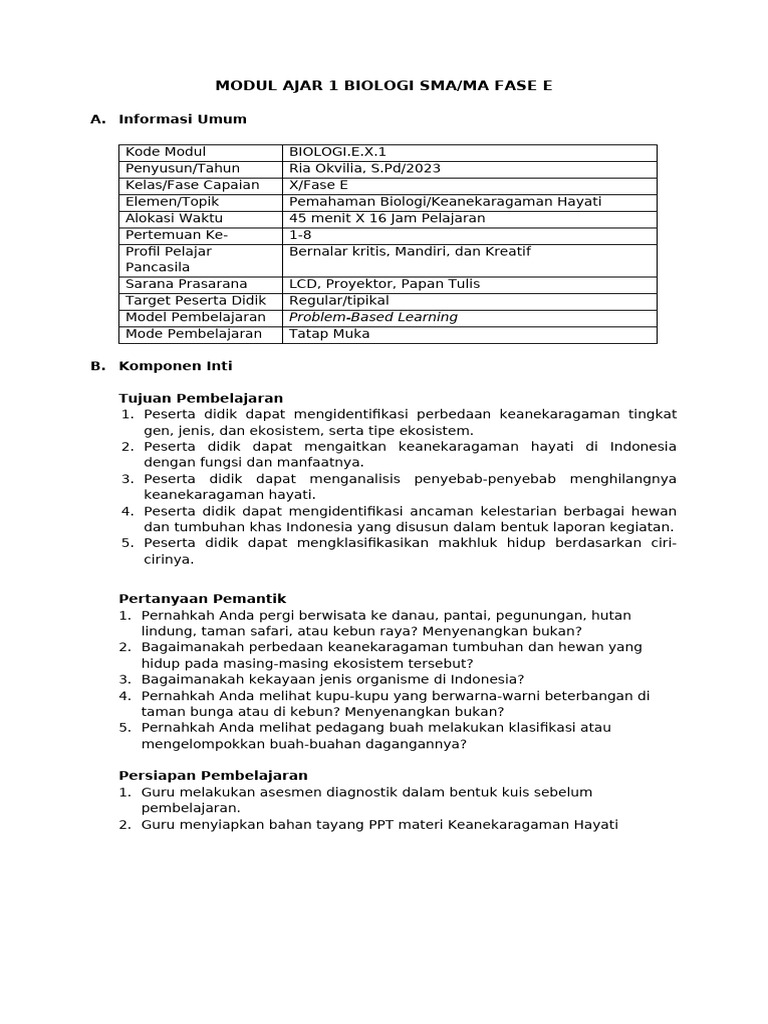 Modul Ajar Ipa Biologi Sma Kelas X Bab 1 | PDF