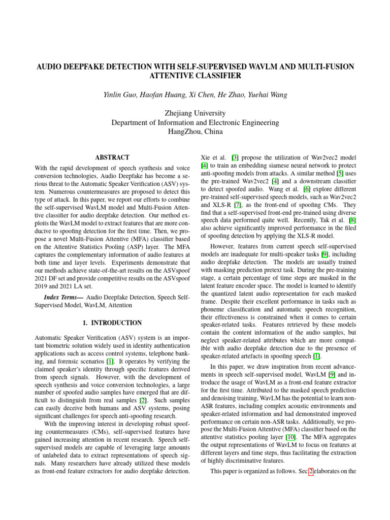 Audio Deepfake Detection With Self-Supervised Wavlm and Multi-Fusion Attentive Classifier | PDF
