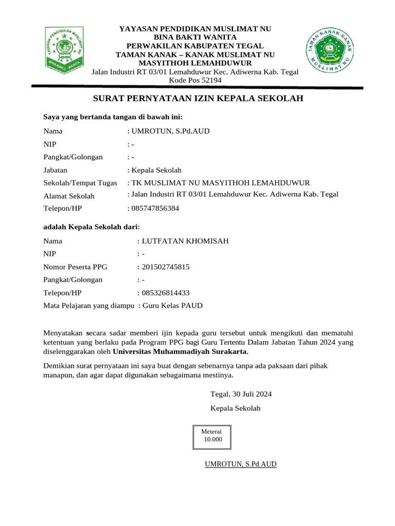 Format Surat Ijin Kepala Sekolah | PDF