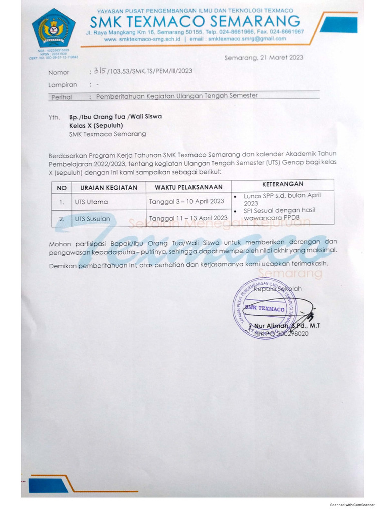 Pemberitahuan Kegiatan UTS | PDF