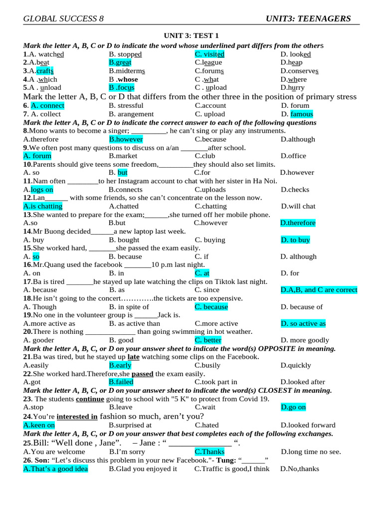 Key-Unit 3 - Practice Test | PDF