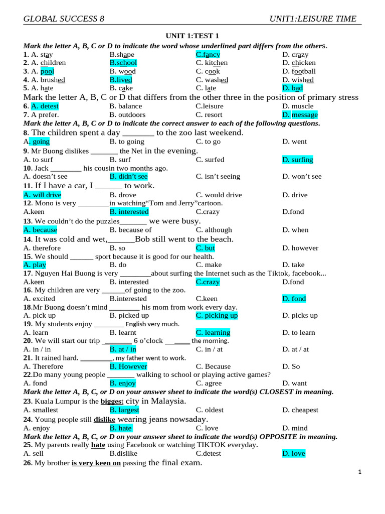 Key-Unit 1 (Practice Test) | PDF