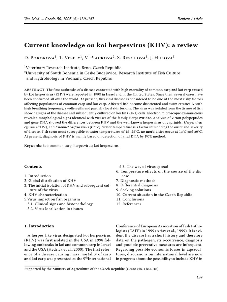 Current Knowledge On Koi Herpesvirus (KHV) : A Review: D. Pokorova, T ...