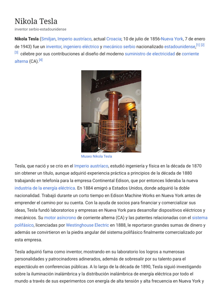 Nikola Tesla - Wikipedia, La Enciclopedia Libre | PDF