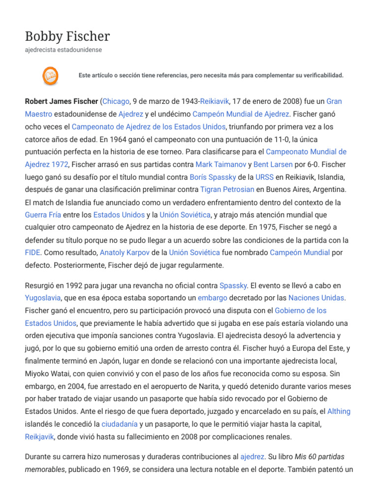 Bobby Fischer - Wikipedia, La Enciclopedia Libre | PDF