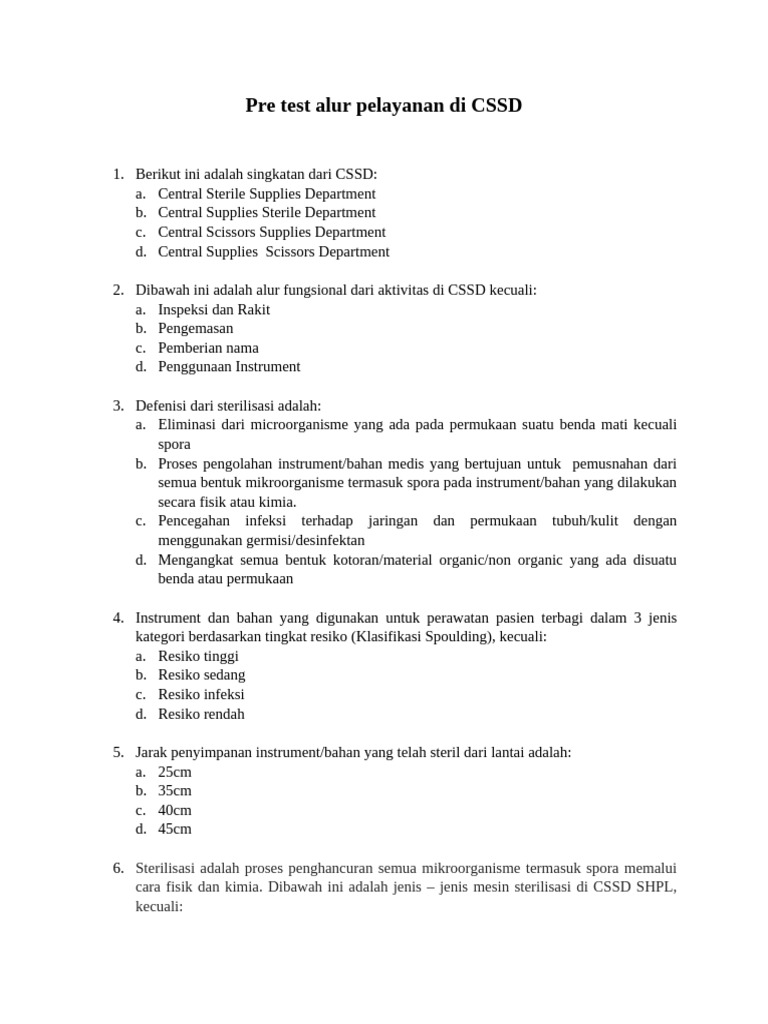 Soal Pre Test CSSD | PDF
