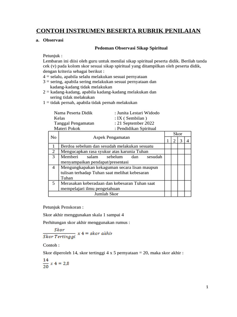 Contoh Instrumen Beserta Rubrik Penilaia | PDF