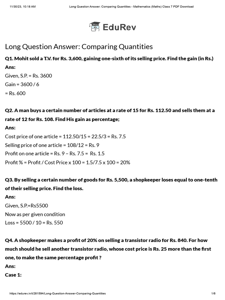 Long Question Answer - Comparing Quantities - Mathematics (Maths) Class ...