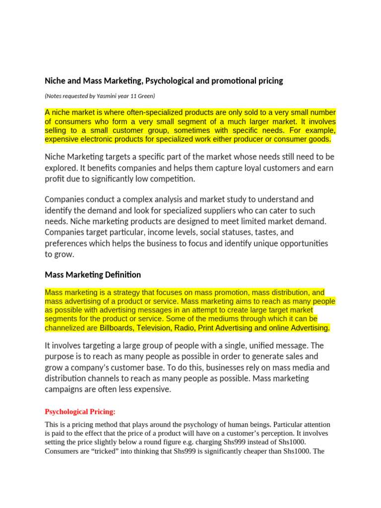 Niche and Mass Marketing | PDF