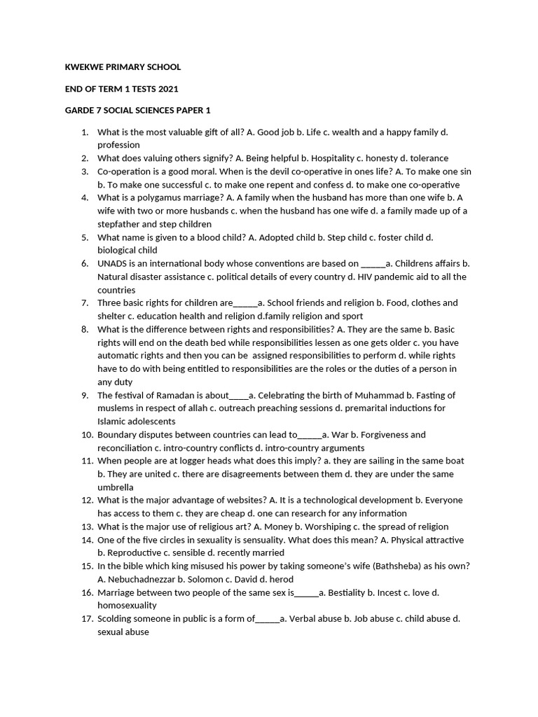 2021 Social Sciences Grade 7 Paper 1 | PDF | Social Science