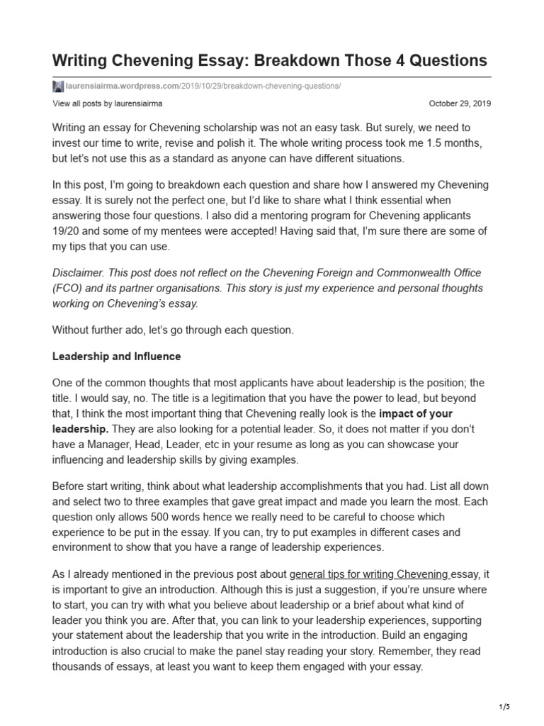 Writing Chevening Essay - Breakdown Those 4 Questions - Laurensia ...
