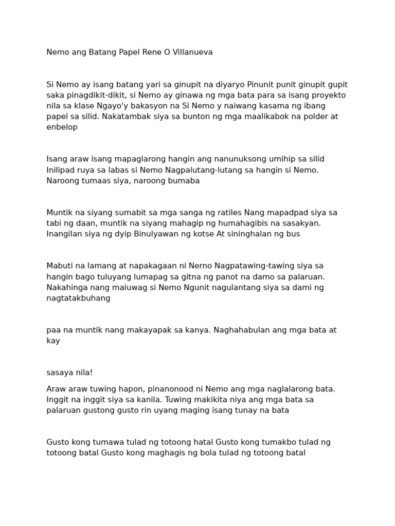 Si Nemo Ang Batang Papel | PDF