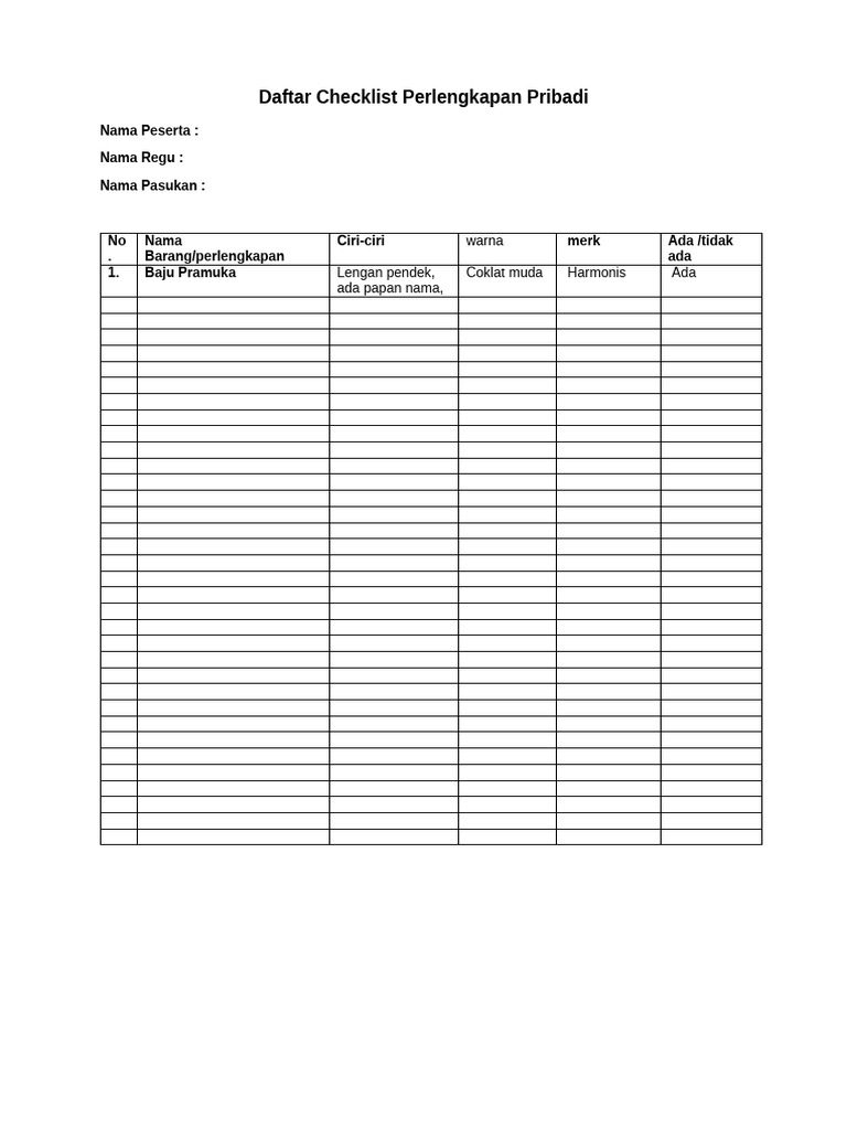 Daftar Checklist Perlengkapan Pribadi | PDF