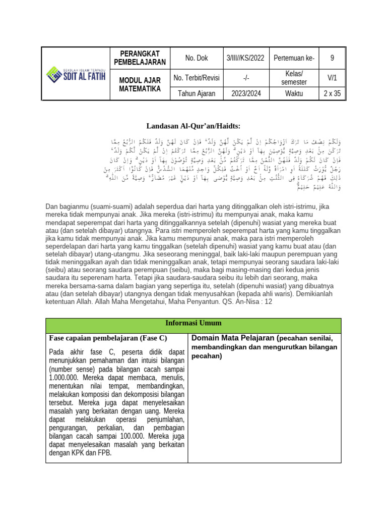 Modul Ajar Math Kelas 5 | PDF