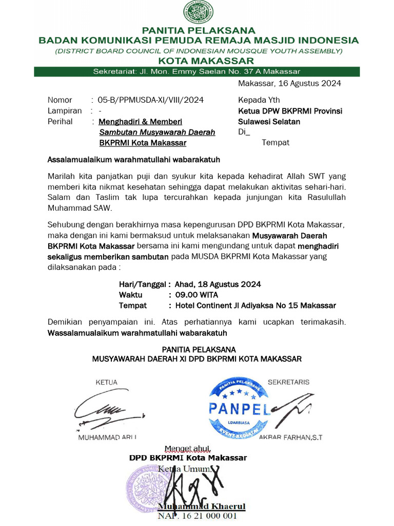 Undangan Sambutan Pada MUSDA BKPRMI Kota Makassar | PDF