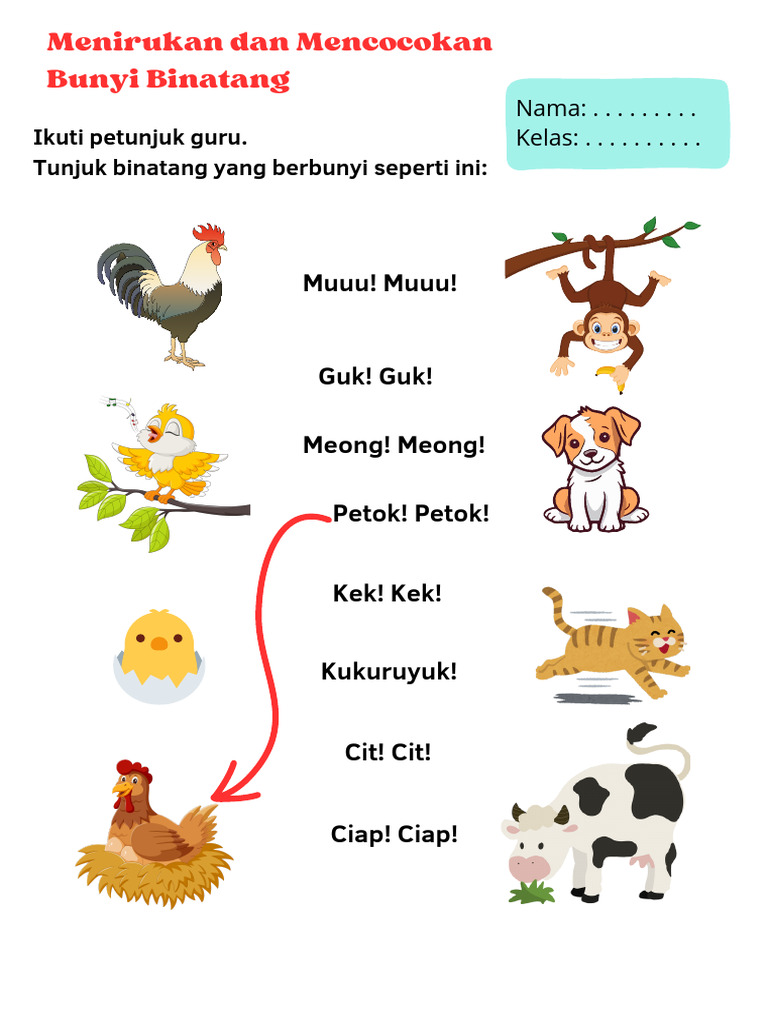 8565 Bab 1 Bhs Indo Menirukan Dan Mencocokan Bunyi Binatang | PDF