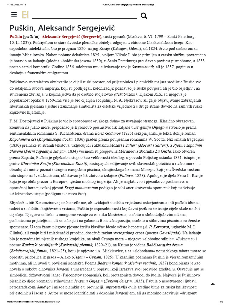 Puškin, Aleksandr Sergejevič - Hrvatska Enciklopedija | PDF