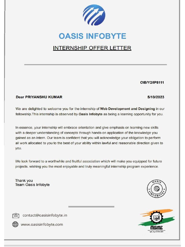 Priyanshu Kumar Oasis Infobyte Offer Letter | PDF