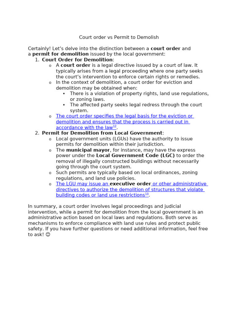 Court Order vs. Demolition Permit | PDF