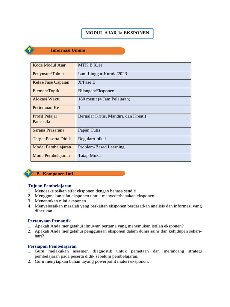 Modul Ajar 1 Eksponen | PDF
