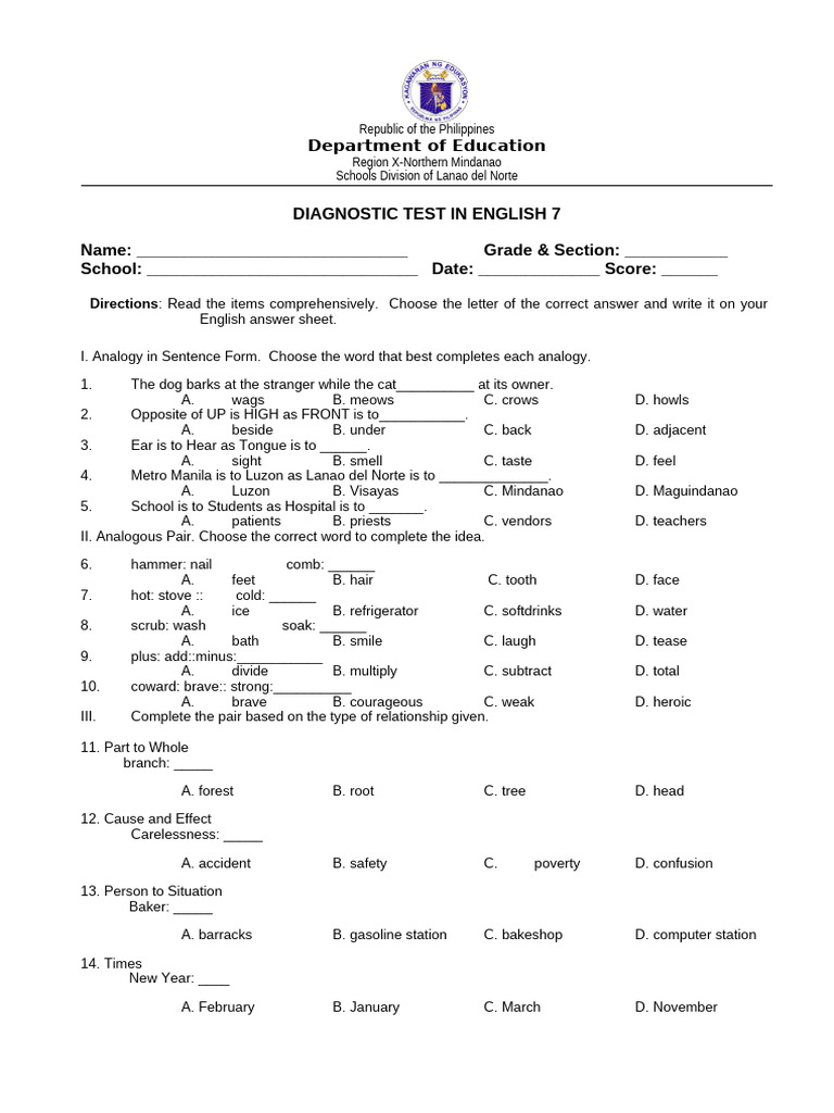 Revised Diagnostic Test ENG7 | PDF
