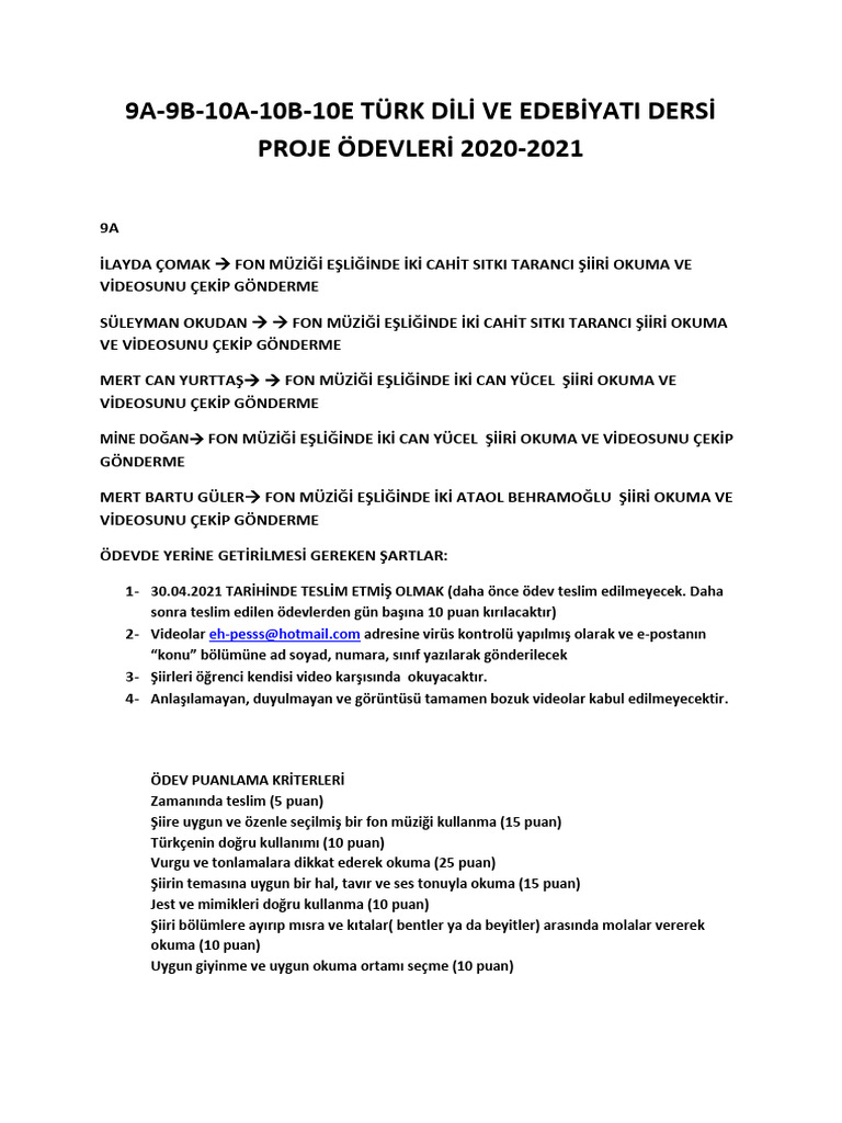 9a 9b 10a 10b 10e Türk Di̇li̇ Ve Edebi̇yati Dersi̇ Proje Ödevleri̇ 2020-2021-Dönüştürüldü | PDF