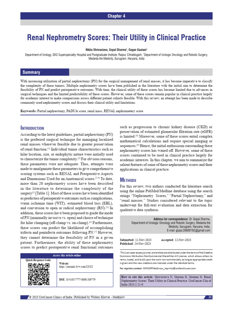 Renal Nephrometry Scores Their Utility In.5 | PDF