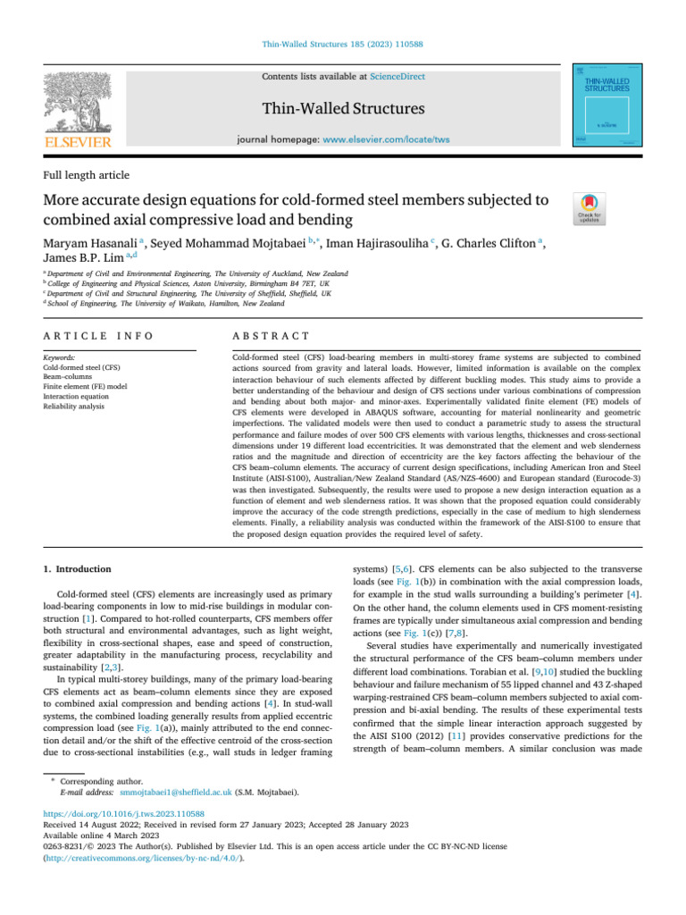 More Accurate Design Equations For Cold Formed Steel Member - 2023 - Thin Walled | PDF