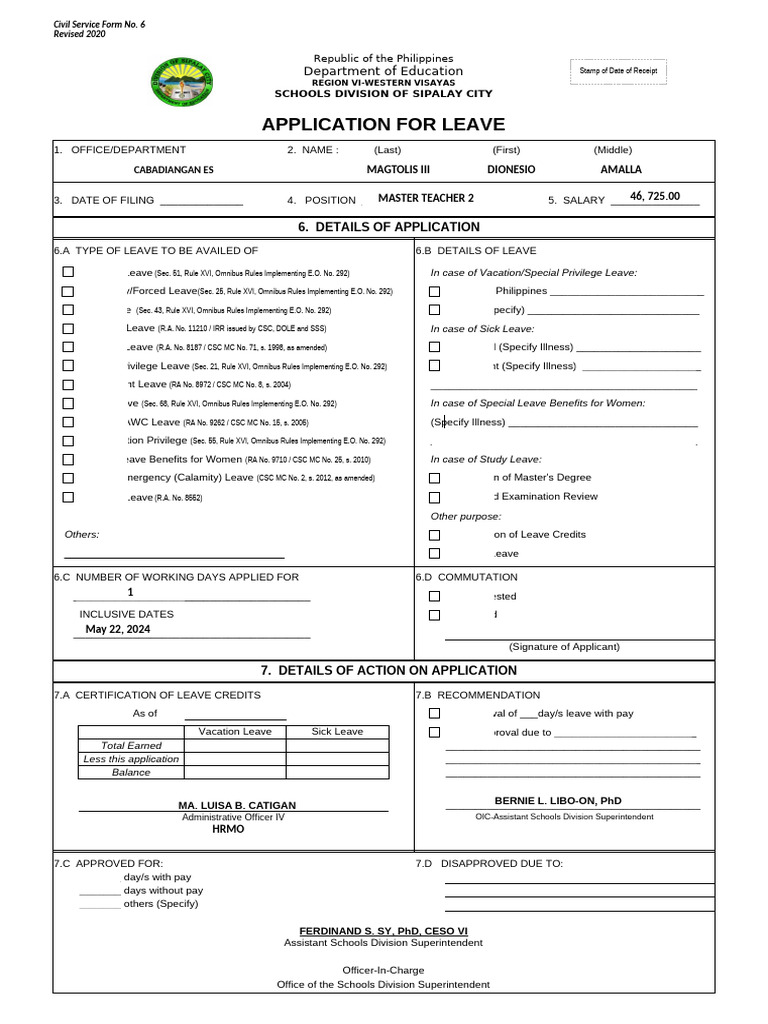 CS Form No. 6 Leave Form | PDF